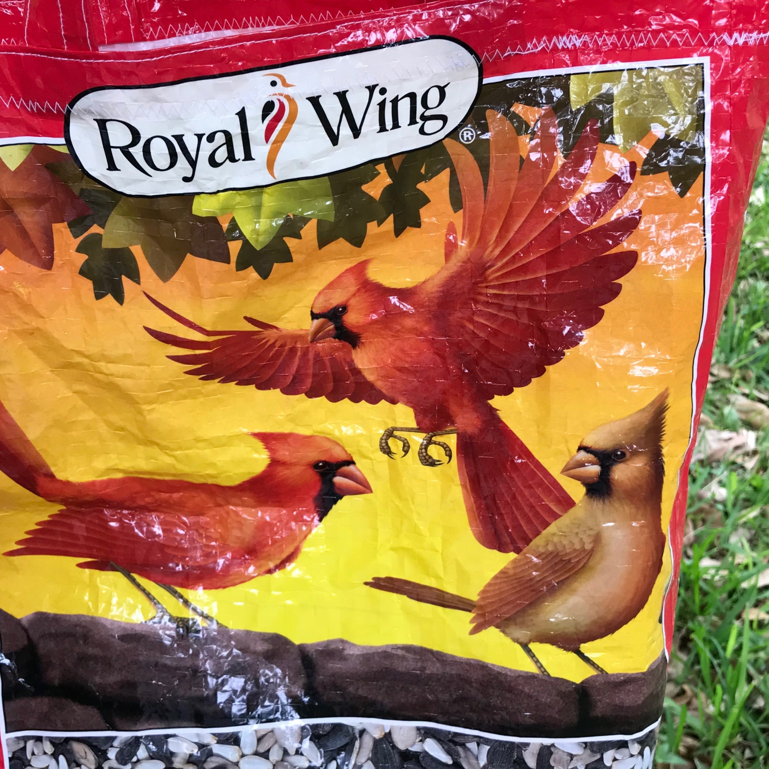 Royal Wing cardinal mix wild bird food bag | Debby's Feed Sack Tote Bags